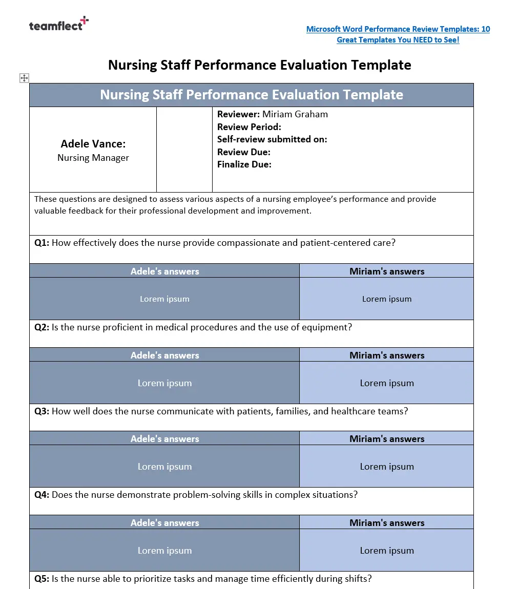 Nursing Staff Evaluation Template (Excel & Word)